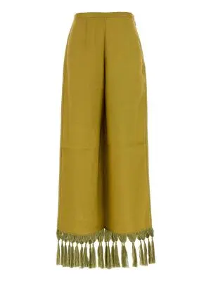 TALLER MARMO Linen Wide-leg Pants With Fringe Detail - Green