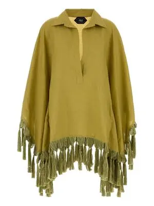TALLER MARMO Linen Aguas Blouse With Fringe - Green