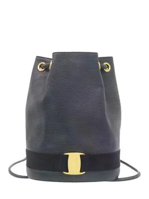 FERRAGAMO Lizard Embossed Leather Vara Bow Drawstring Backpack - Blue