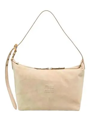 Miu Miu Suede Shoulder Bag With Embossed Logo - Neutrals