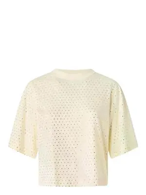 Pinko Short-sleeved Crewneck T-shirt With Rhinestones And Logo - Yellow