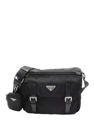Prada Saffiano Trimmed Tessuto Zip Double Buckle Messenger Bag - Black