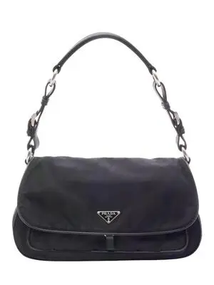 Prada Saffiano Trimmed Tessuto Shoulder Bag - Black