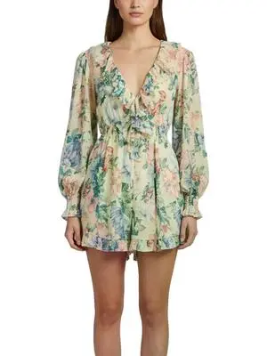 Zimmermann Floral Print V-neck Bishop Sleeve Playsuit - Neutrals