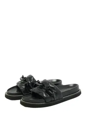 LOUIS VUITTON Leather Embossed Monogram Puffy Strap Chunky Chain Link Slides - Black