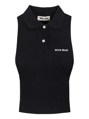 Miu Miu Sleeveless Logo Embroidered Polo Shirt - Blue