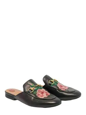 Gucci Princetown Leather Floral-embroidered Mules - Brown