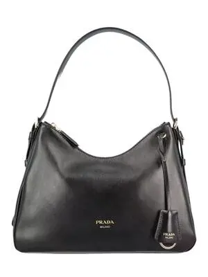 Prada Leather Shoulder Bag With Logo Lettering - Black