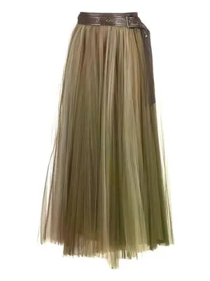 Brunello Cucinelli Pleated Tulle Overlay Skirt - Brown