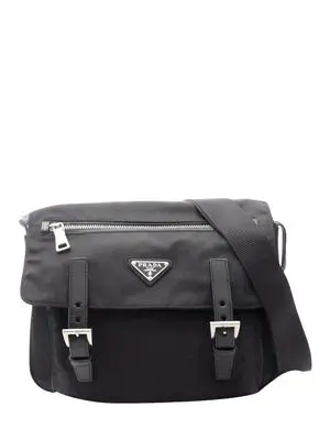 Prada Tessuto Zip Double Buckle Messenger Bag - Black