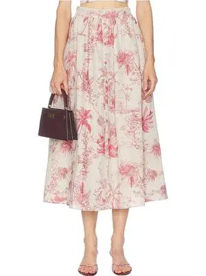 L'Agence Seina Midi Skirt In Printed Linen - Tan