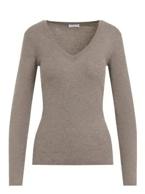 Brunello Cucinelli Ribbed V-neck Long Sleeve Sweater - Brown