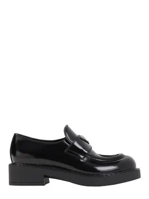 Prada Brushed Leather Chocolate Loafers With Enameled Triangle Logo - Black