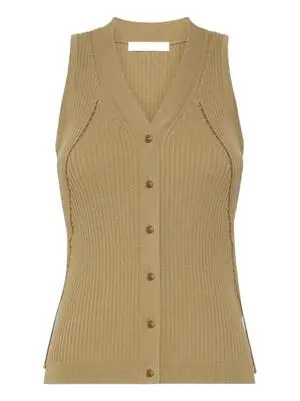 Max Mara Sleeveless V-neck Ribbed Knit Gilet - Khaki