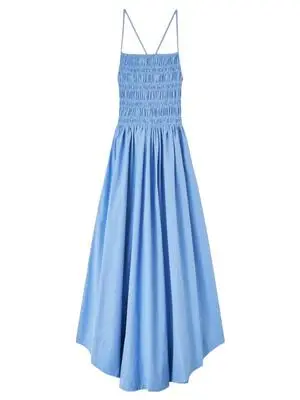 GANNI Ganni Compact Poplin Long Smocked Dress Blue