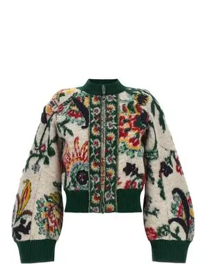 Sacai Floral Jacquard Blouson With Zip Up And Ribbed Trims - Black