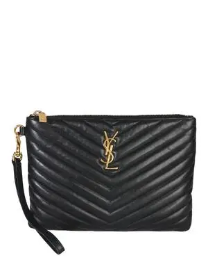 Saint Laurent Matelasse Chevron Calfskin Monogram Pouch - Black