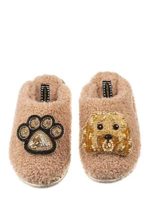 LAINES LONDON Teddy Towelling Slippers With Enki Doo The Cockapoo & Paw Brooch - Brown