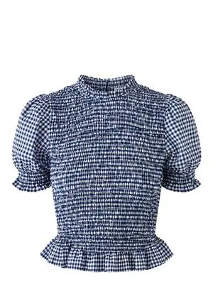 MIND TRAVELER Navy Gingham Smocked Cropped Top - Blue