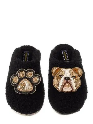 LAINES LONDON Teddy Towelling Bulldog Slippers - Black