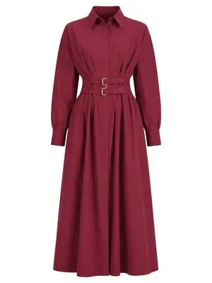 EXQUISE Belted Midi Shirt Dress - Red