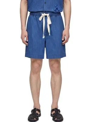 Commas Linen Blend Shorts With Embroidered Logo - Blue