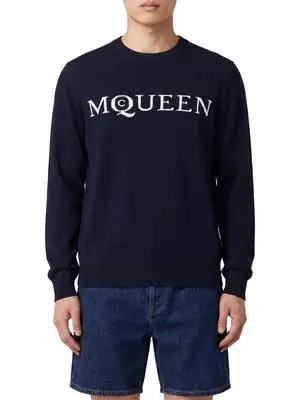 Alexander McQueen Crewneck Jumper With Jacquard Logo - Navy