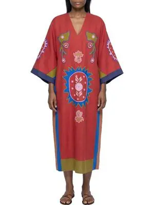 PAULA Linen Midi Caftan Dress With Ethnic Print - Red