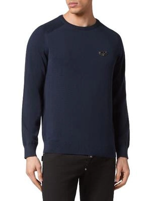 Philipp Plein Round Neck Long Sleeve Wool Pullover - Navy
