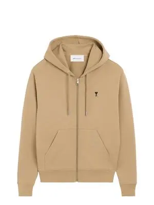 AMI Paris Zip Up Cotton Hoodie With Embroidered De Coeur Logo - Mastic Beige/black