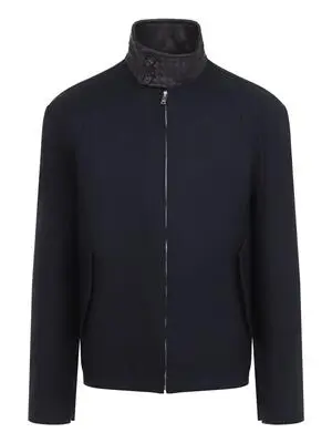 Bottega Veneta Harrington Jacket In Midnight Compact Cotton Gabardine With Intrecciato Leather Collar - Blue
