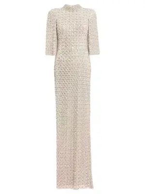 Jenny Packham Maxi Sedona Dress With Mock Neck And Three-quarter Sleeves - Neutrals
