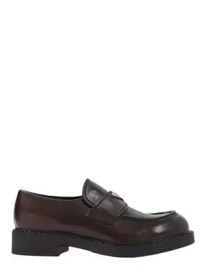 Prada Logo Plaque Calf Leather Loafers - Brown