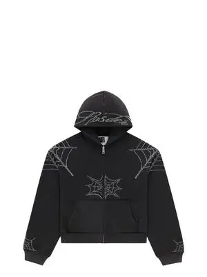 SP5DER Rhinestone Embellished Web Print Hoodie - Black