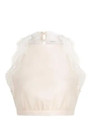 Sandro Cropped Cotton Top With Lace Trim - Pink