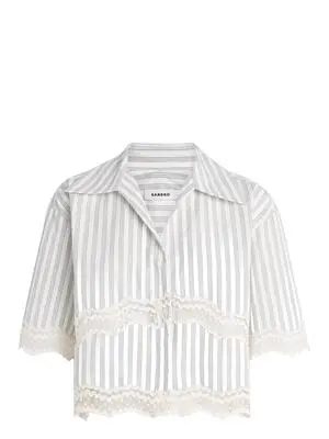Sandro Striped Cotton Shirt With Lace Trim - Blue
