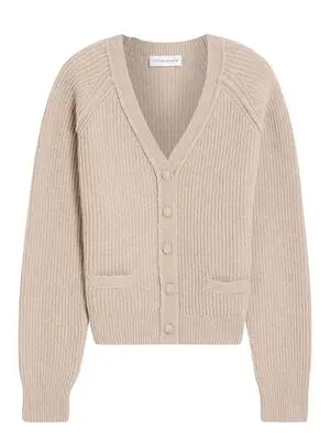 Victoria Beckham Ribbed Wool And Cashmere-blend Cardigan - Beige