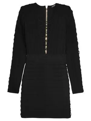 Balmain Lace-up Ribbed Stretch-knit Mini Dress - Black