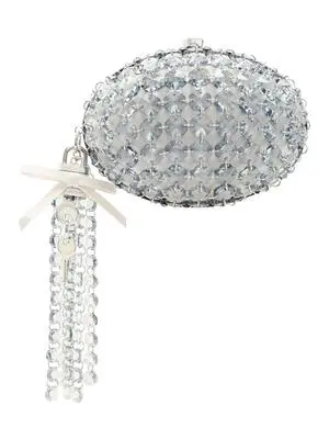 SELF-PORTRAIT Oval Crystal-embellished Satin Clutch With Tassels - Grey