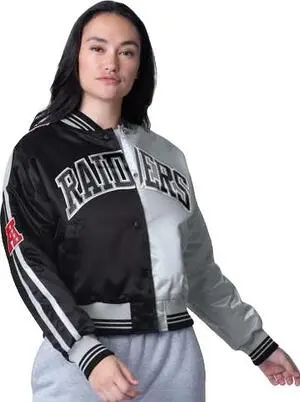 STARTER Las Vegas Raiders Silver Zone Blitz Cropped Full-snap Satin Jacket - Black