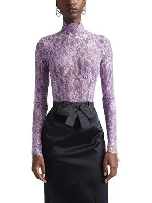 Valentino Garavani Sheer Lace Mock Neck Bodysuit - Purple