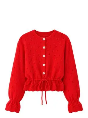MIND TRAVELER Open-knit Tie-waist Cardigan With Ruffle Cuffs - Red