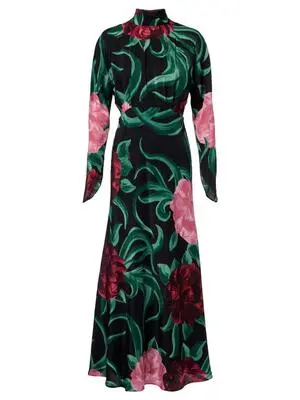La DoubleJ Gilda Floral Silk Midi Dress - Black