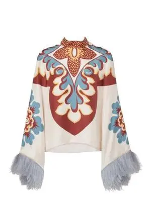 La DoubleJ Make An Exit Silk Top With Feather Trim - Multicolor