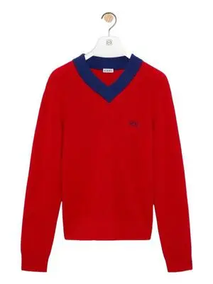 Loewe Long-sleeved V-neck Sweater With Embroidered Double Pattern - Red