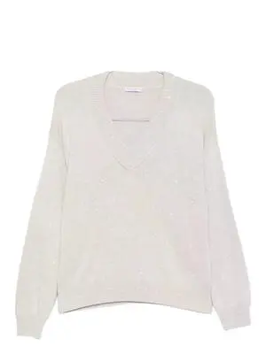 Brunello Cucinelli V-neck Sequin Embellished Sweater - Neutrals