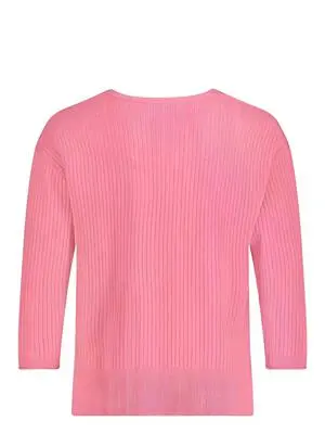 BETTY BARCLAY Ribbed Knit V-neck Top With Three-quarter Length Sleeves - Pink