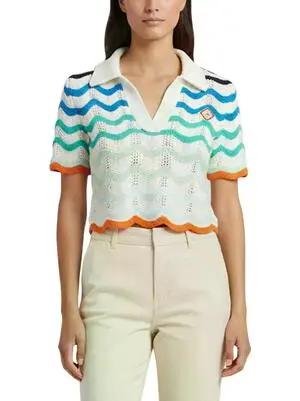 Casablanca Crochet Knit Wave Pattern V-neck Top - White