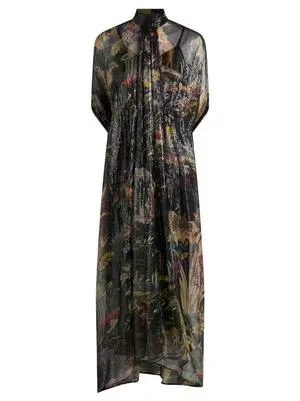 Etro Long Silk Dress With Cape Detail And Floral/animal Print - Black