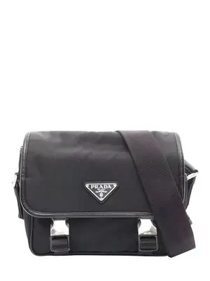 Prada Saffiano Trimmed Tessuto Double Buckle Messenger Bag - Black